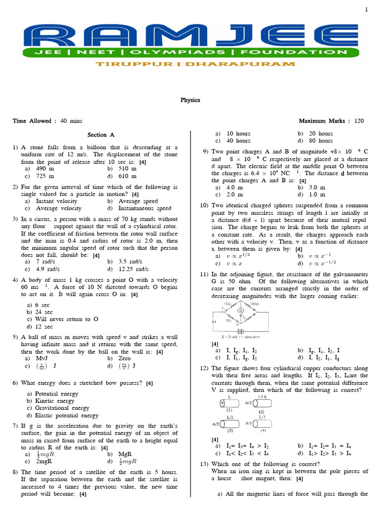 Physics JEE paper | Download Free PDF | Potential Energy | Inductor