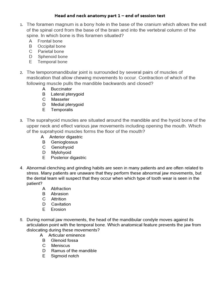 Head and Neck Anatomy Part 1 - End of Session Test and Answers | PDF ...