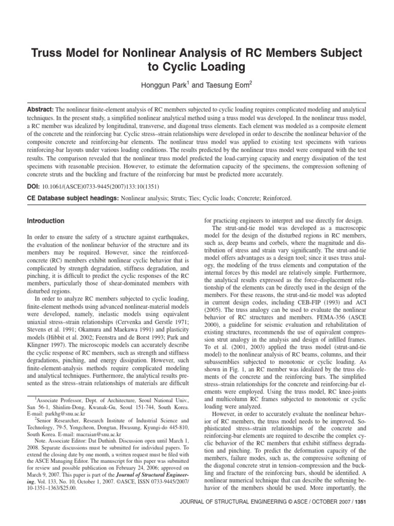 2007 Truss Model For Nonlinear Analysis of RC Members Subject To Cyclic Loading | PDF | Fracture ...