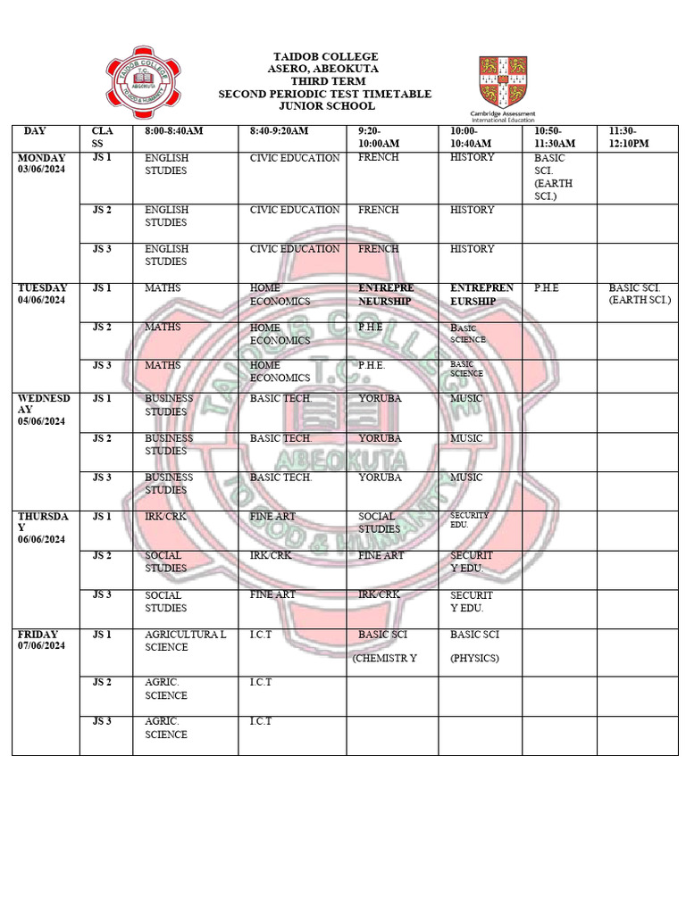 Junior 2nd Periodic Test Timetable 3rd Term | PDF