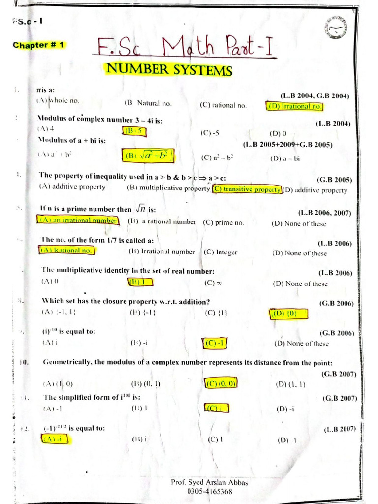 F.SC Math Part 1 (LHR - Board) MCQS+Short+ Long | PDF