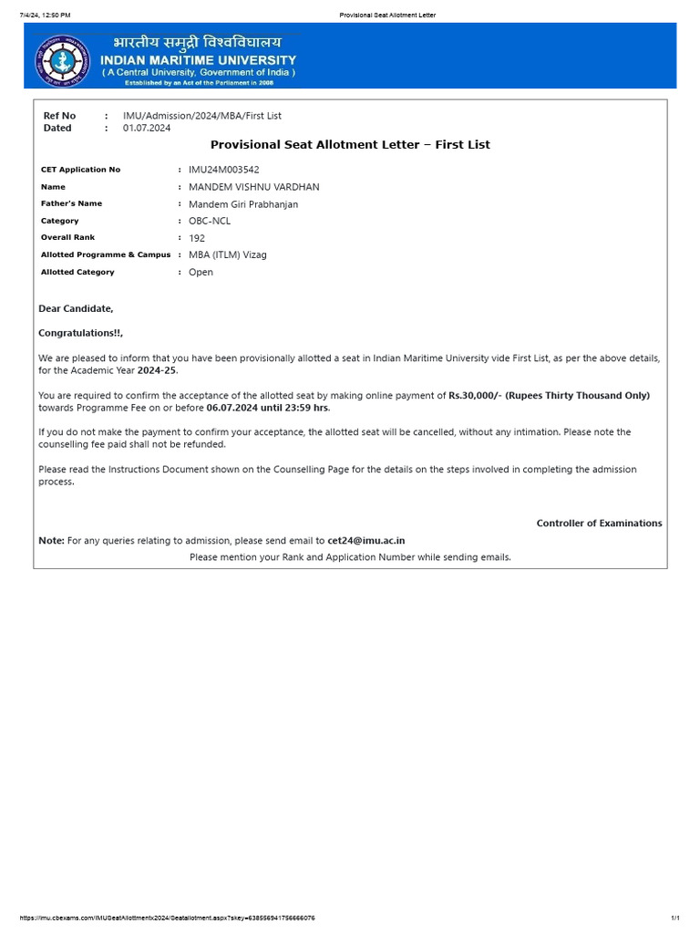 Provisional Seat Allotment Letter | PDF