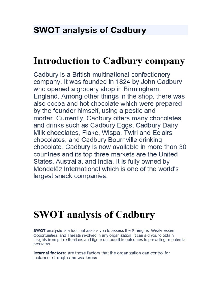 SWOT Analysis of Cadbury | PDF | Swot Analysis | Brand