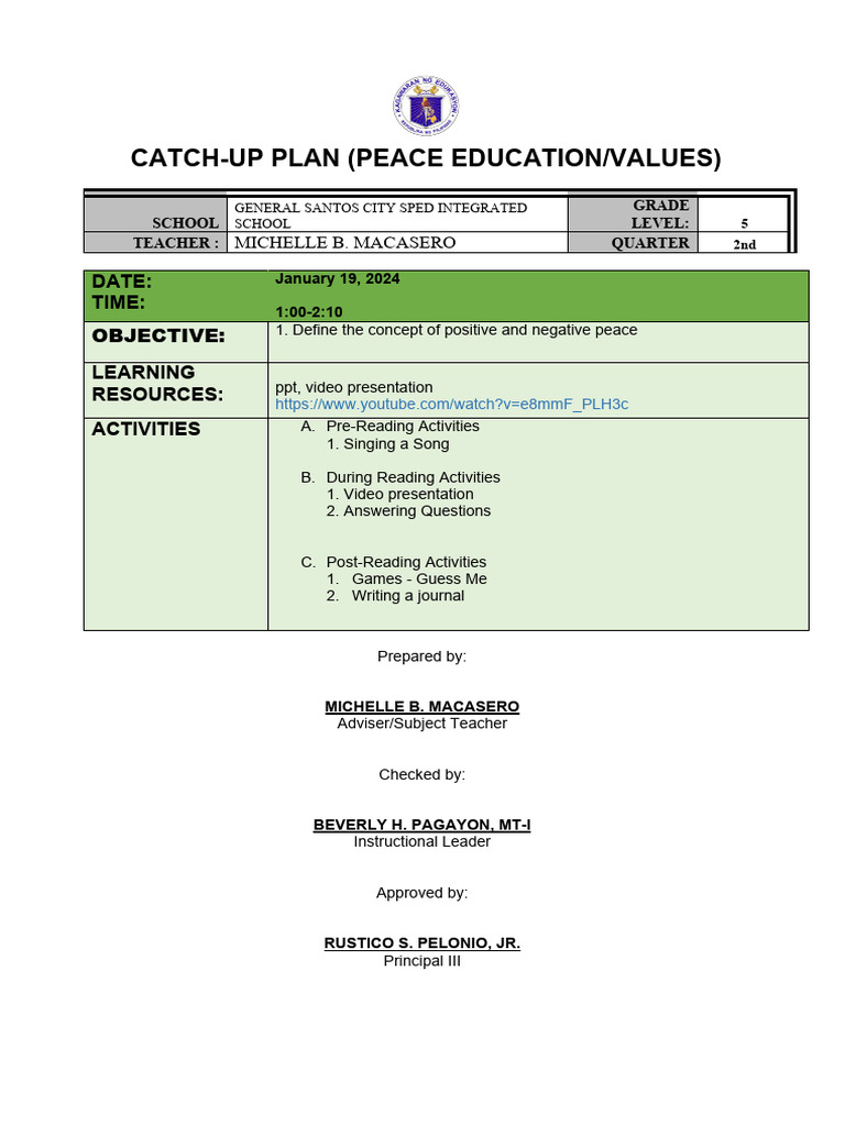 Grade 5 Peace Education Catch-Up Plan | PDF