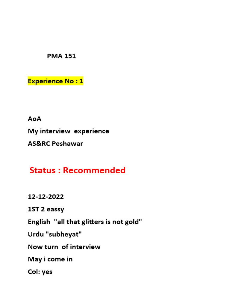 PMA 151 Initial Interview Experiences | PDF