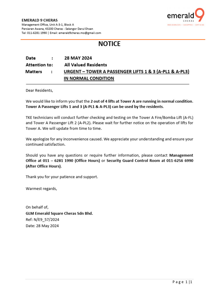 Notice 57 - URGENT TOWER A PASSENGER LIFTS 1 3 A-PL1 A-PL3 IN NORMAL ...
