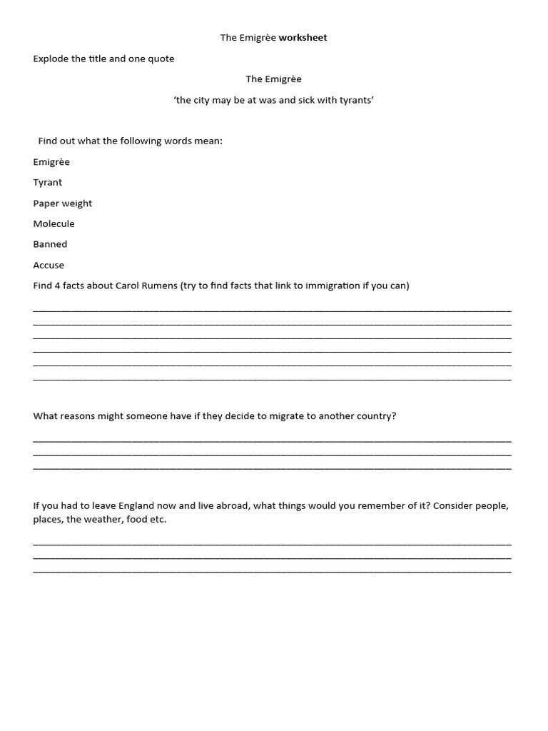 The Emigrèe Worksheet | PDF