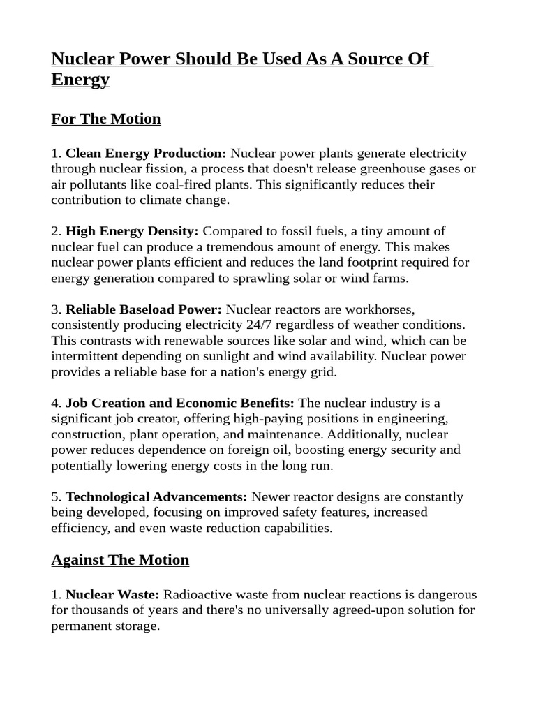 Nuclear Power Can Be Used As Energy Source Debate | PDF | Nuclear Power ...
