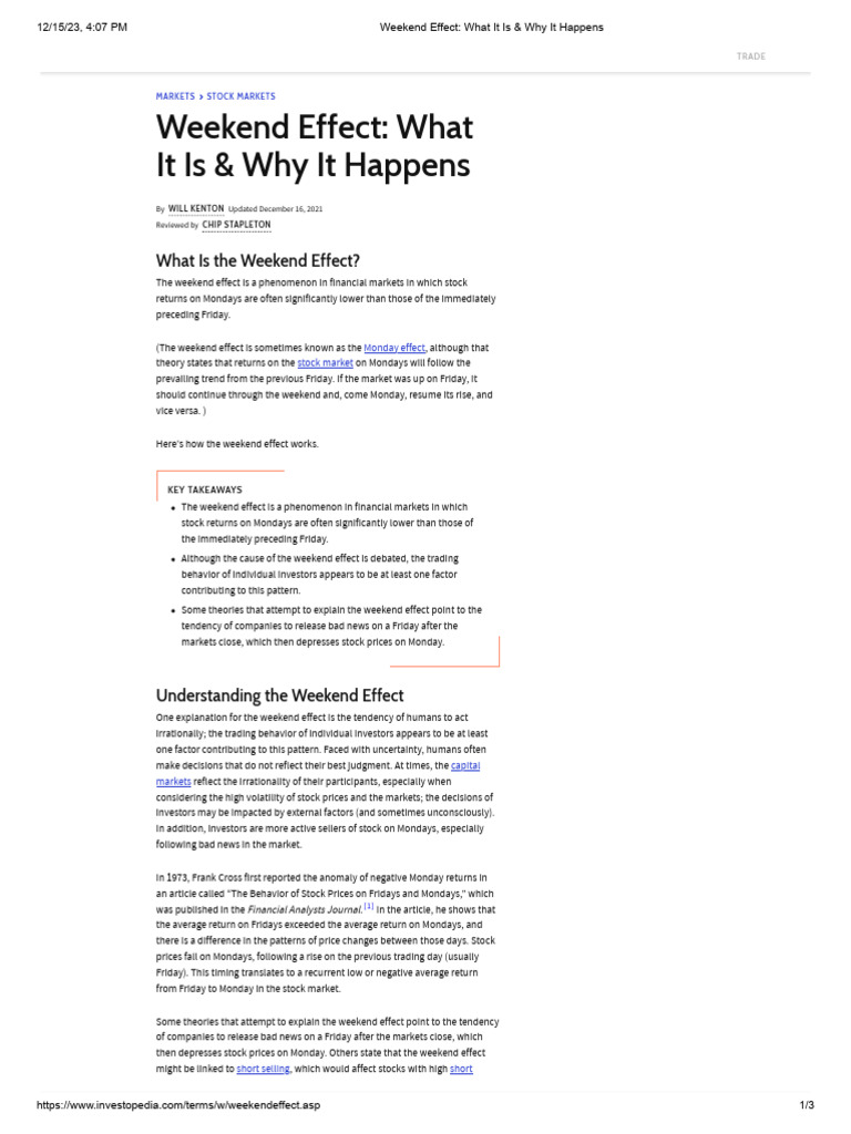 Weekend Effect - What It Is & Why It Happens | PDF | Stock Market | Stocks