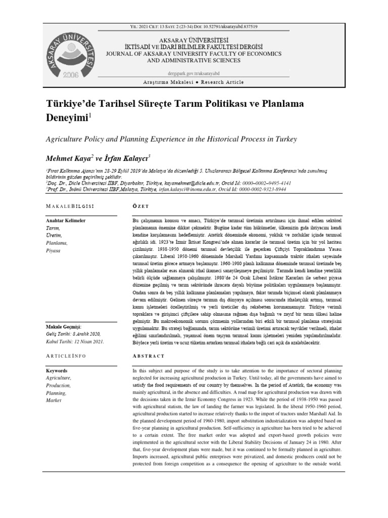 Turkiye de Tarihsel Surecte Tarim Politi | PDF