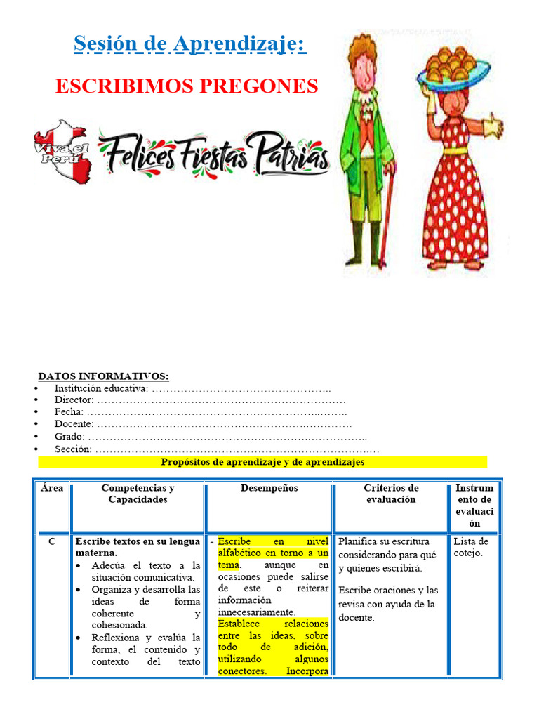 2° Sesión Día 1 Com Escribimos Pregones | PDF | Evaluación