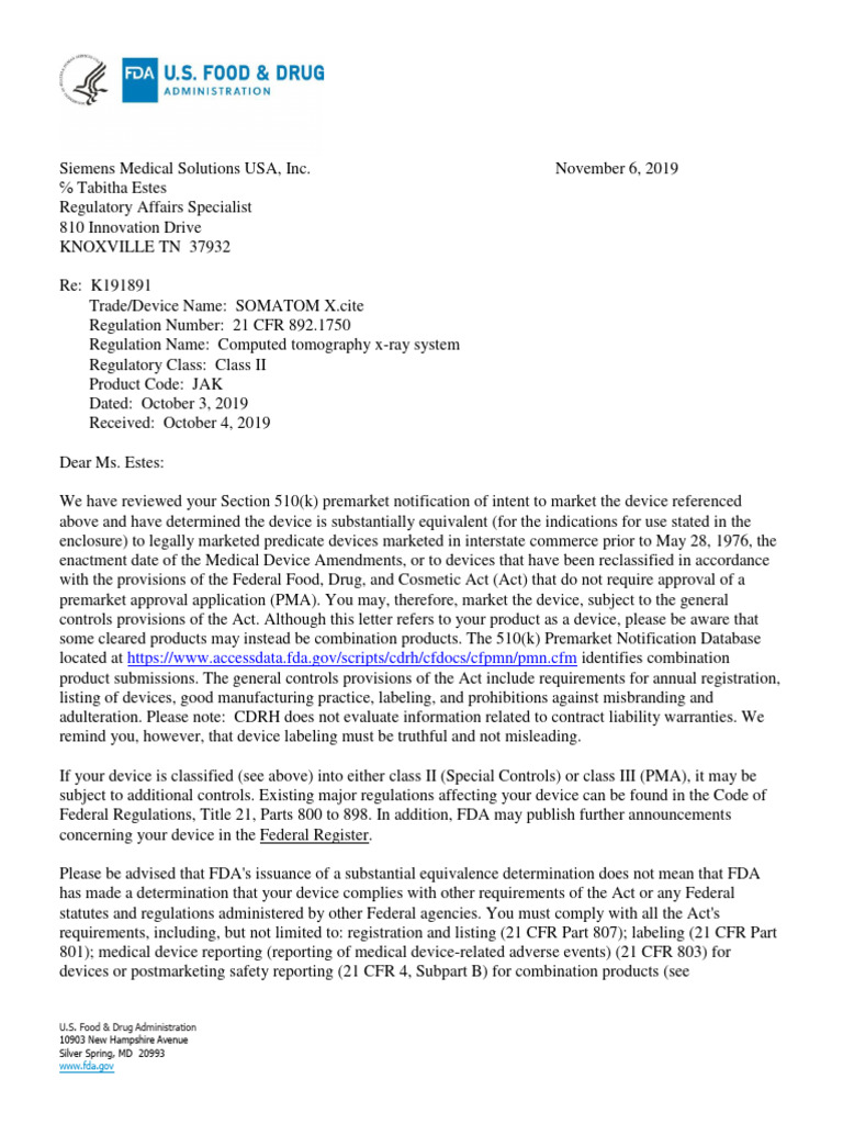 USFDA Siemens Somatom X.cite | PDF | Ct Scan | Food And Drug Administration