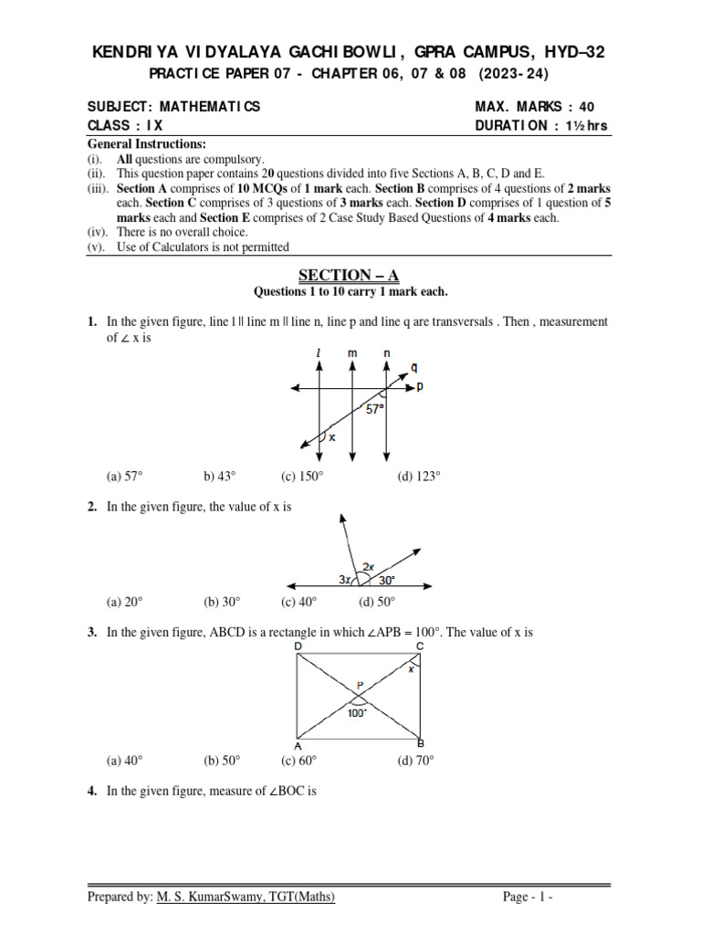 Maths Class Ix Chapter 06 07 and 08 Practice Paper 07 | PDF | Rectangle | Elementary Geometry