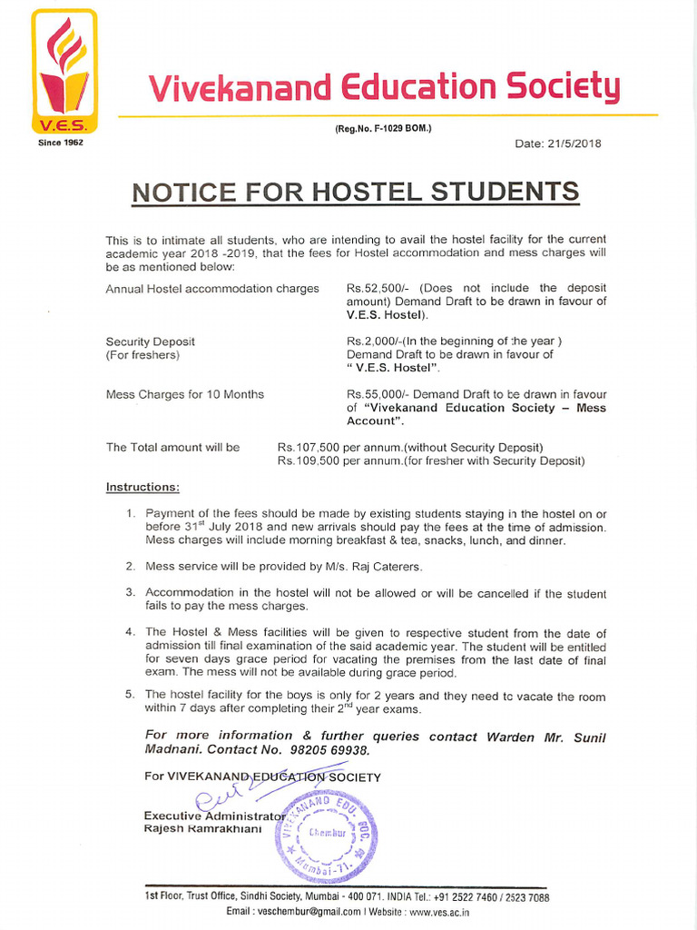 Revised Fee Structure For Hostel Accommodation and Mess Charges | PDF