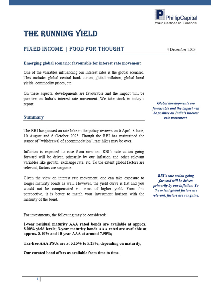 Running Yield - Weekly Report Dated 4th December 2023 | PDF | Inflation | Yield (Finance)