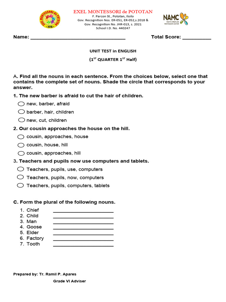 UNIT TEST in ENGLISH 1st Quarte 1st Half | PDF | Syntax | Language ...