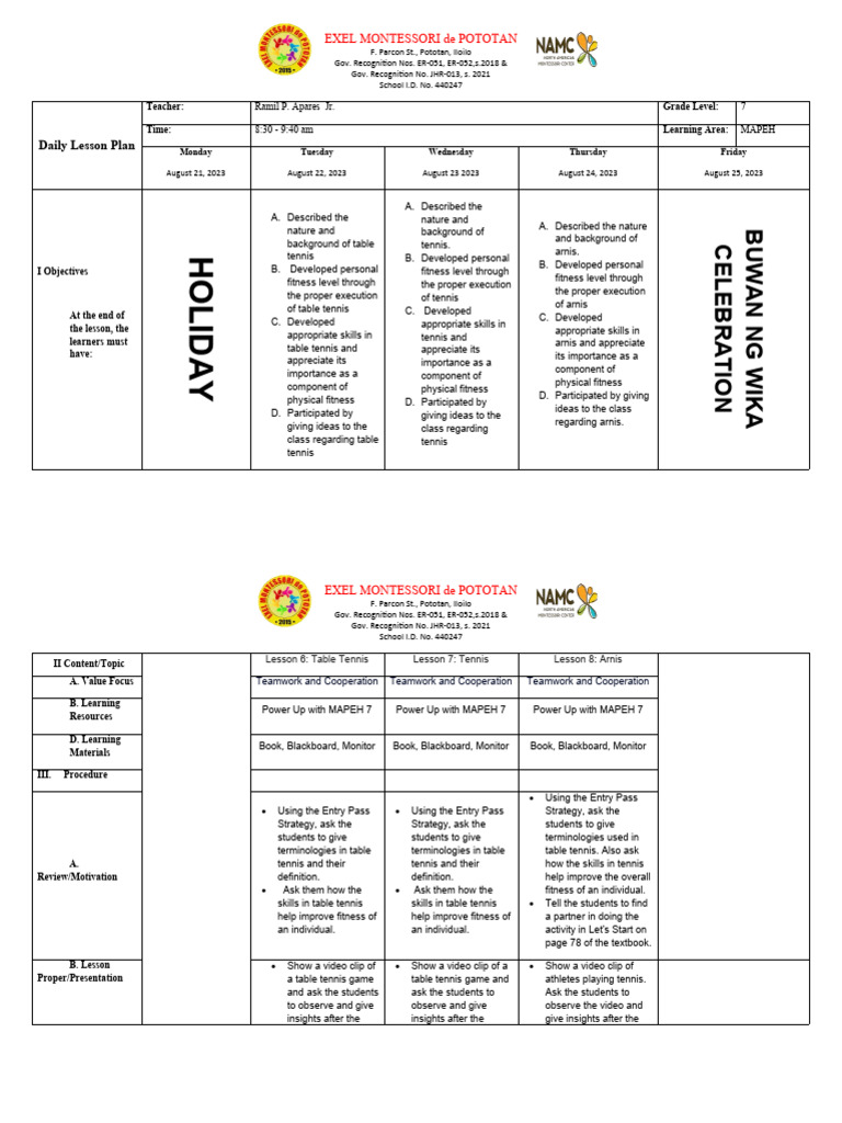 Daily Lesson Plan. August 21-25 | PDF | Learning | Behavior Modification