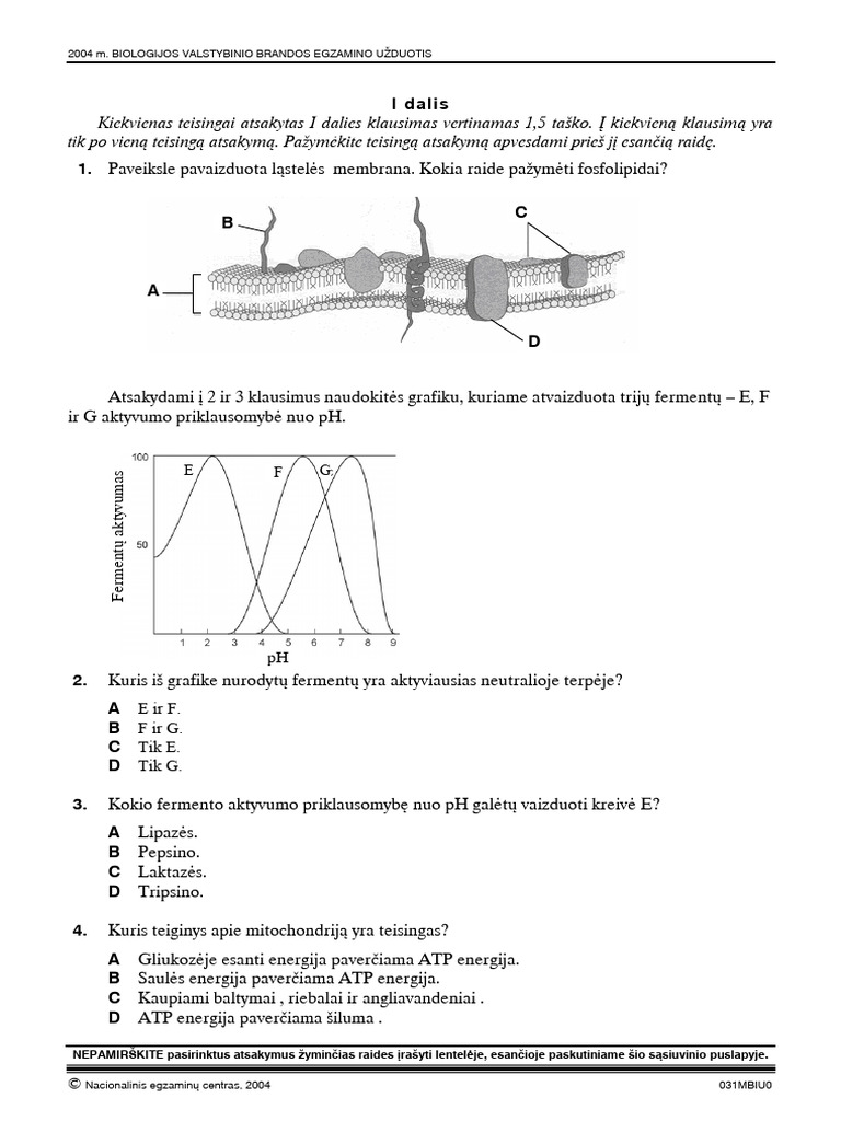 2004 Biologijos VBE užduotys ir atsakymai | PDF