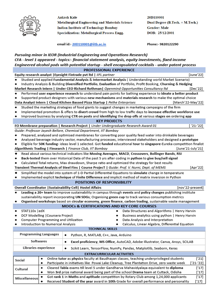 Aakash Resume 1 Page 4th Year | PDF | Numerical Analysis