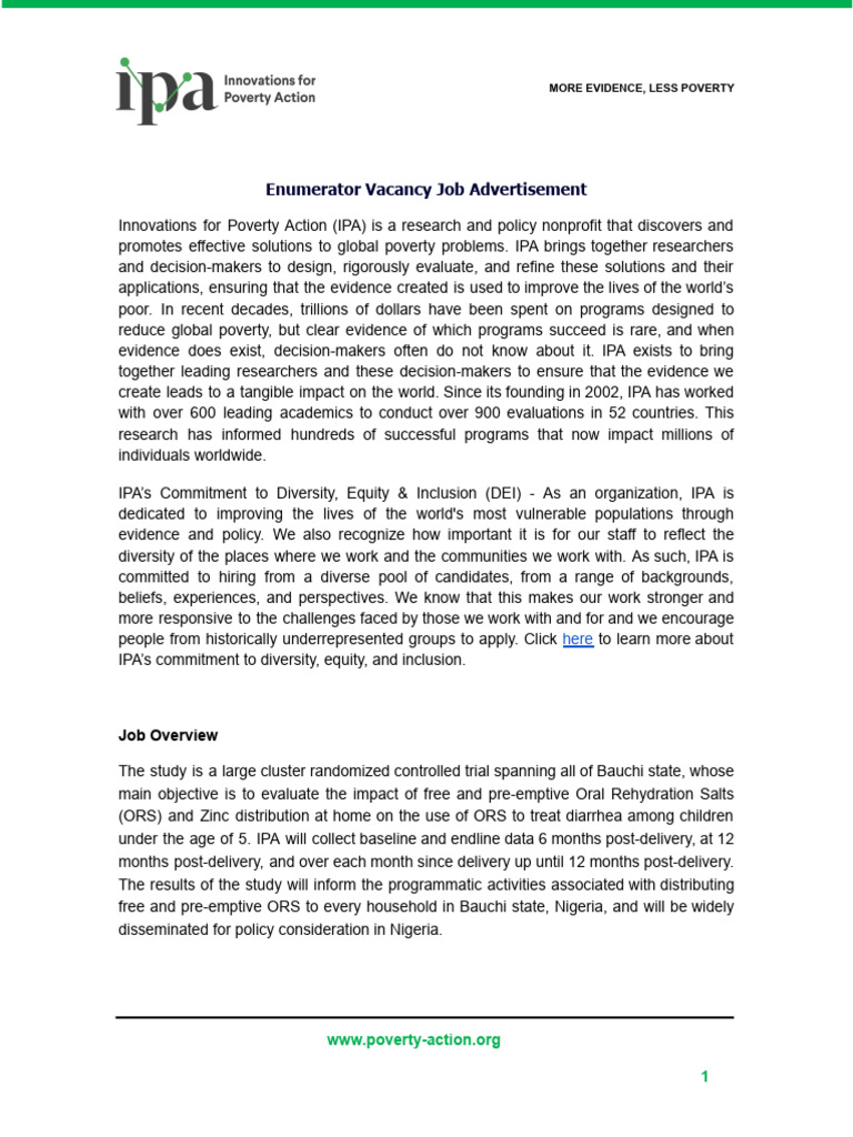 ORS ZINC Project - Enumerators Job Advert | PDF | Career & Growth