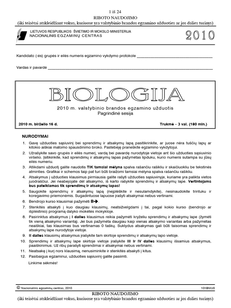 2010 Biologijos VBE Užduotys Ir Atsakymai | PDF