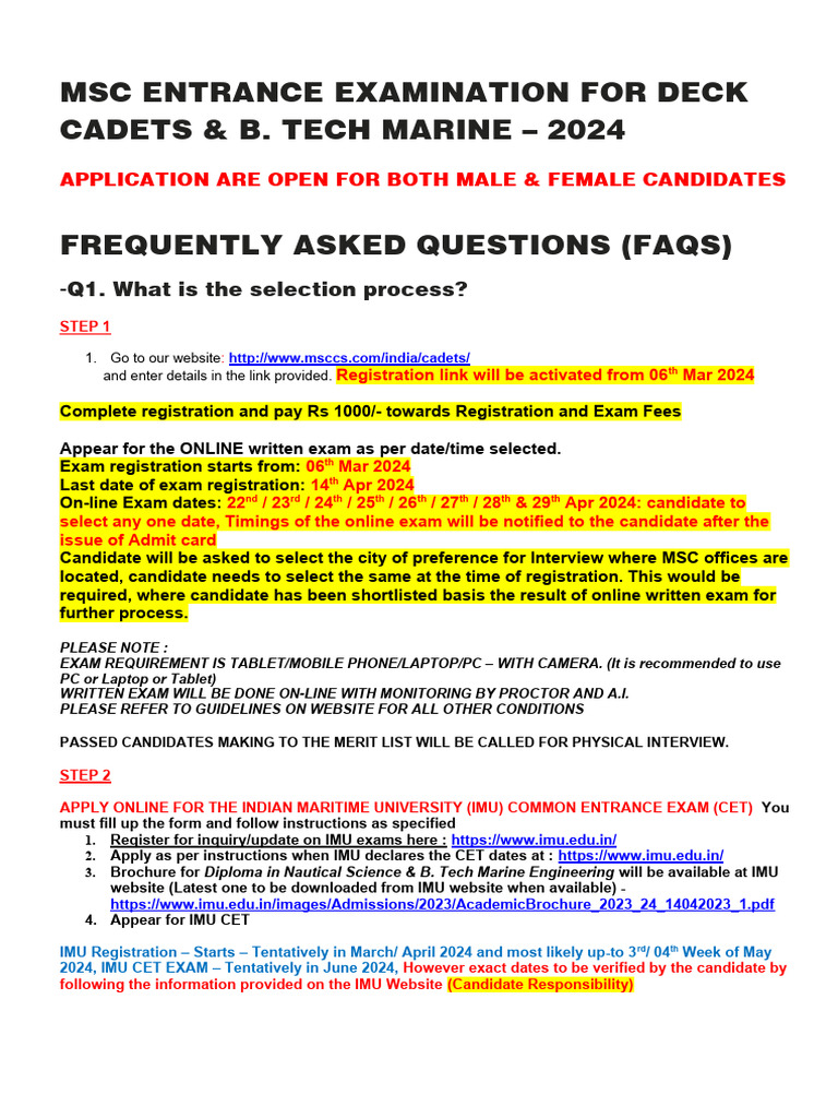 Faq For Deck Cadets & B. Tech Marine Exam 2024 | PDF | University And College Admission