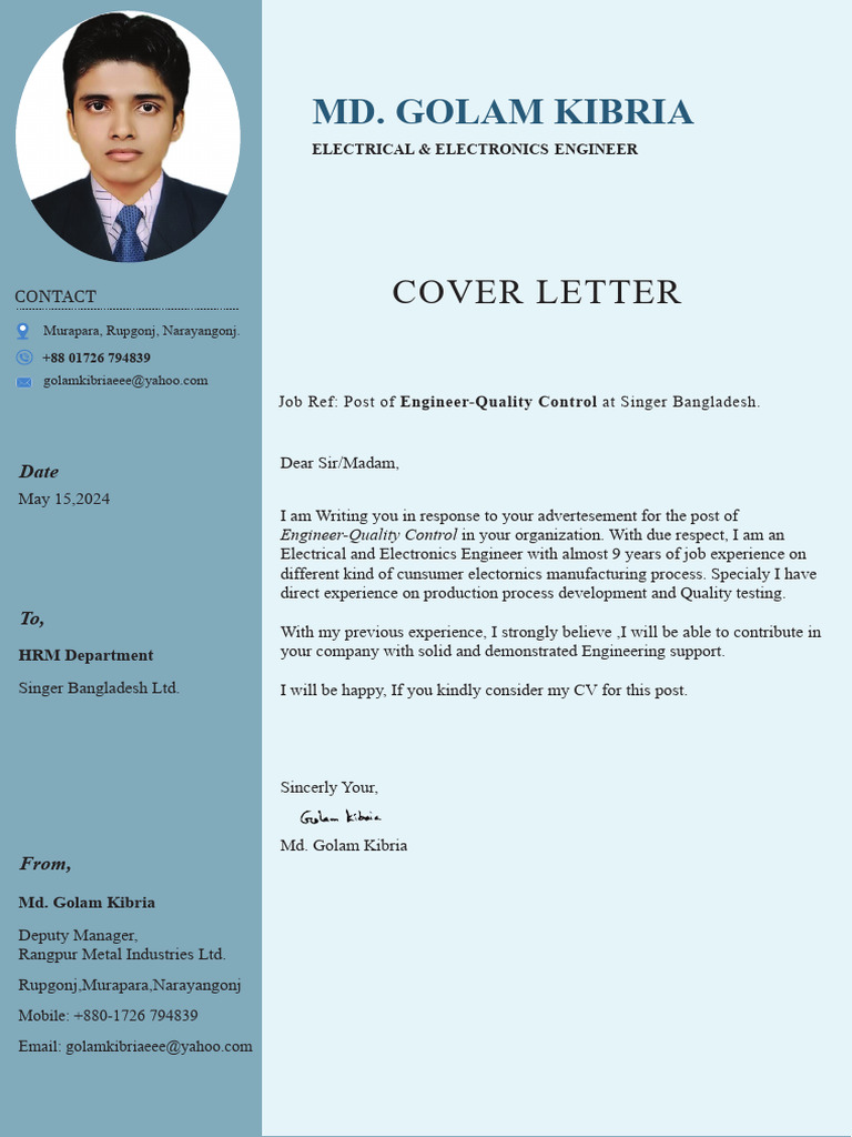 Md. Golam Kibria Resume For Engineer Quality Control | PDF | Engineering