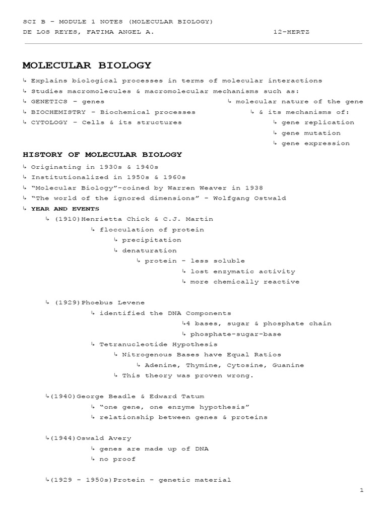 Sci B Notes Molecular Biology 1 | PDF | Cell (Biology) | Cell Membrane