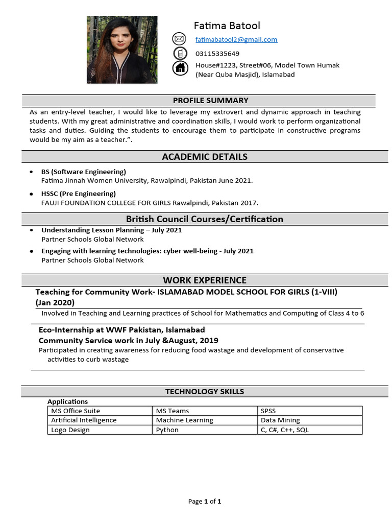 Fatima Batool Resume | PDF