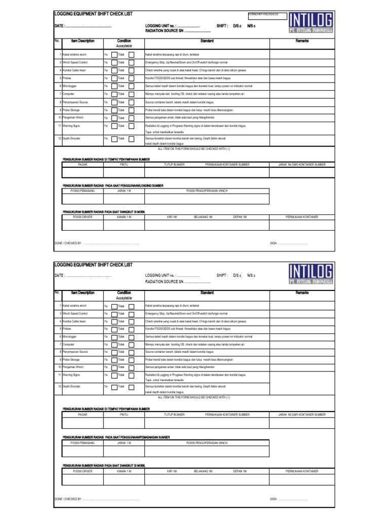 Form Int Hse Logging Equipment Check List 024 10 | PDF
