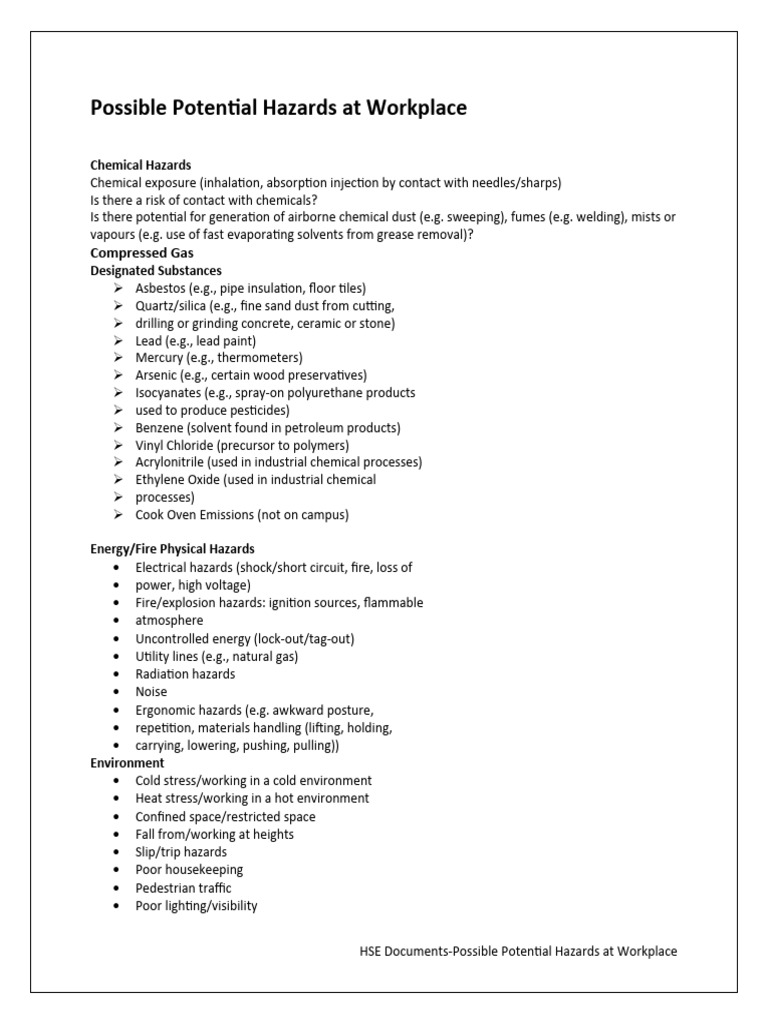 Possible Potential Hazards at Workplace | PDF | Hazards | Fires