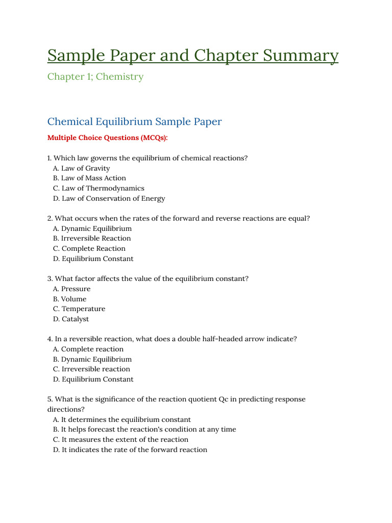 Chemical Equilibrium Sample Paper | Download Free PDF | Chemical ...