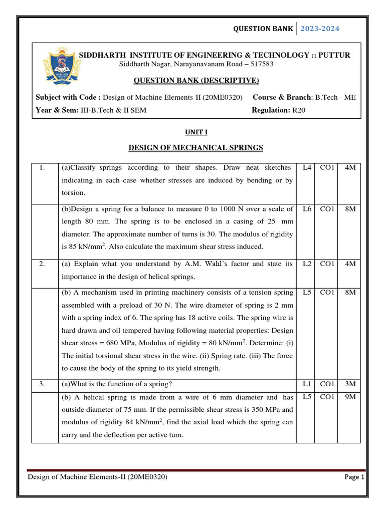 MODIFIED DME-II (R20) Question Bank | PDF | Gear | Belt (Mechanical)