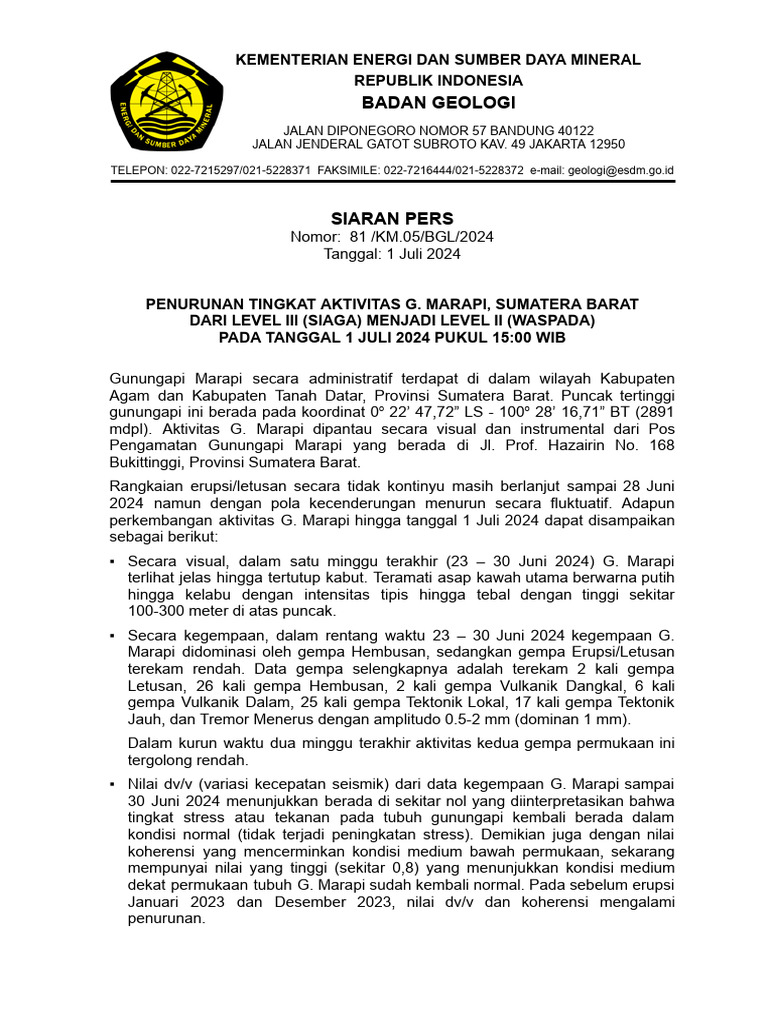 Siaran Pers Penurunan Status G. Marapi Ke Waspada - 1 Juli 2024 | PDF