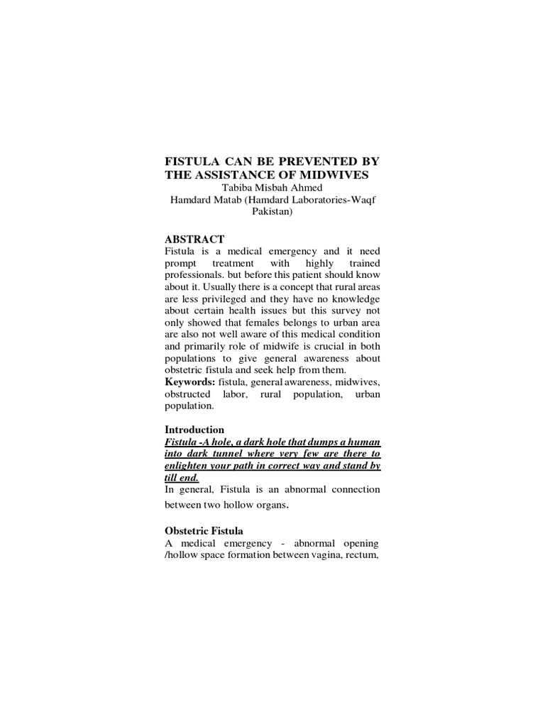 Abstract - Fistula by Misbah Ahmed | PDF | Vagina | Urinary Incontinence Abstract - Fistula by Misbah Ahmed | PDF | Vagina | Urinary Incontinence