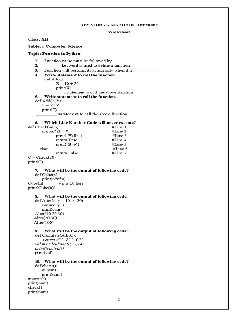 Functions Worksheet 2024-25 | PDF | Function (Mathematics) | Computer ...