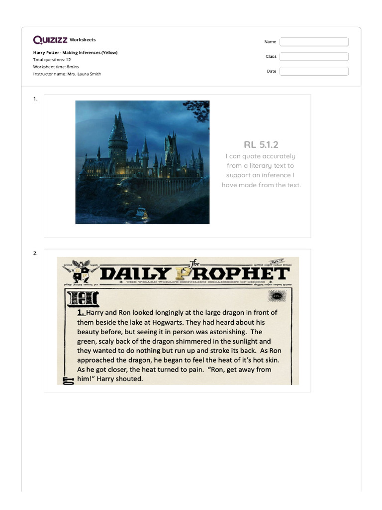 Harry Potter - Making Inferences (Yellow) - Quizizz | PDF | Harry ...