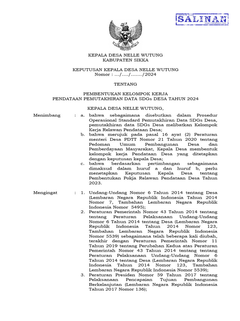 Contoh SK TIM PENDATAAN SDGS 2024 | PDF