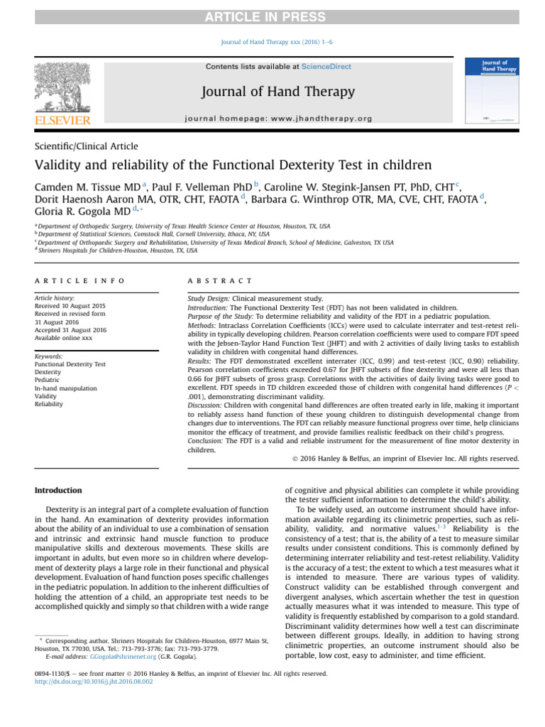 Validity and Reliability of the Functional Dexterity Test in Children ...