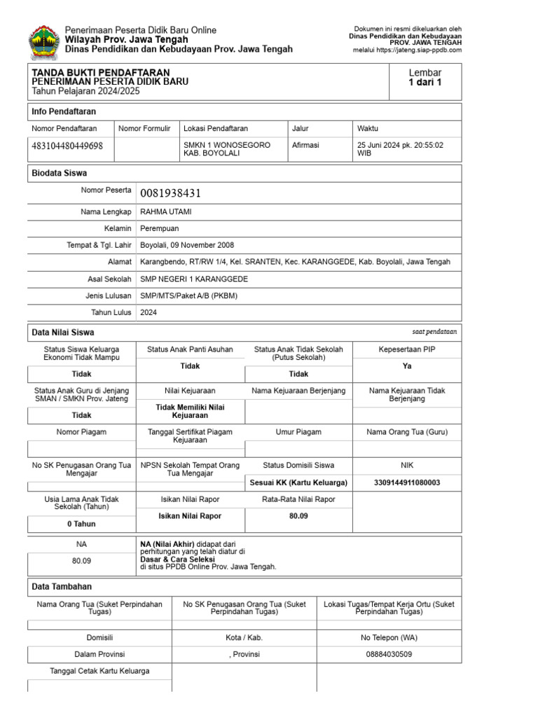 Tanda Bukti Pendaftaran - 0081938431 - RAHMA UTAMI | PDF