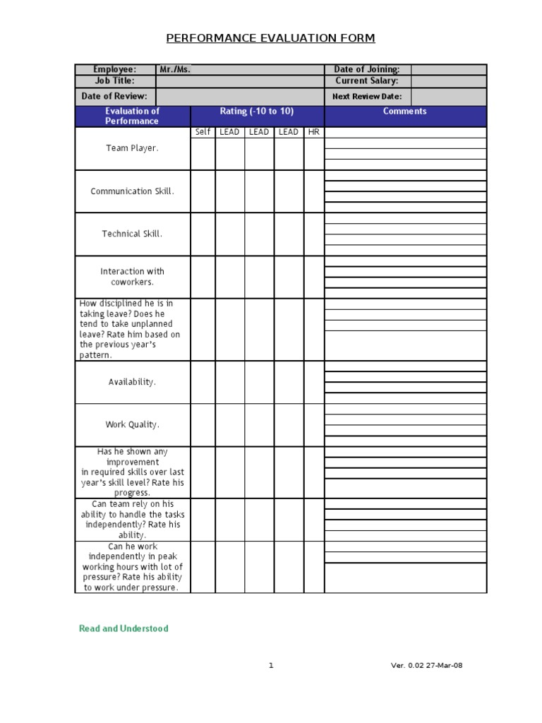 General Performance Evaluation Form Employee Evaluation