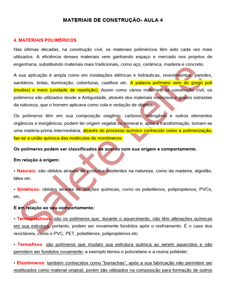 AULA 4- MAT. CONST. | PDF | Polímeros | Cloreto de polivinila (PVC)