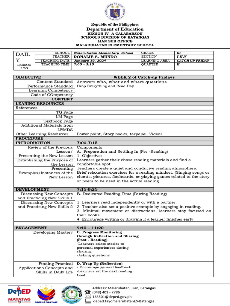 CATCH UP FRIDAYS DLL Week2 | PDF | Learning | Teachers