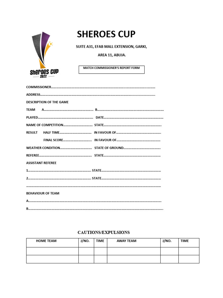 Match Commissioner Report Template | PDF | Association Football | Sports
