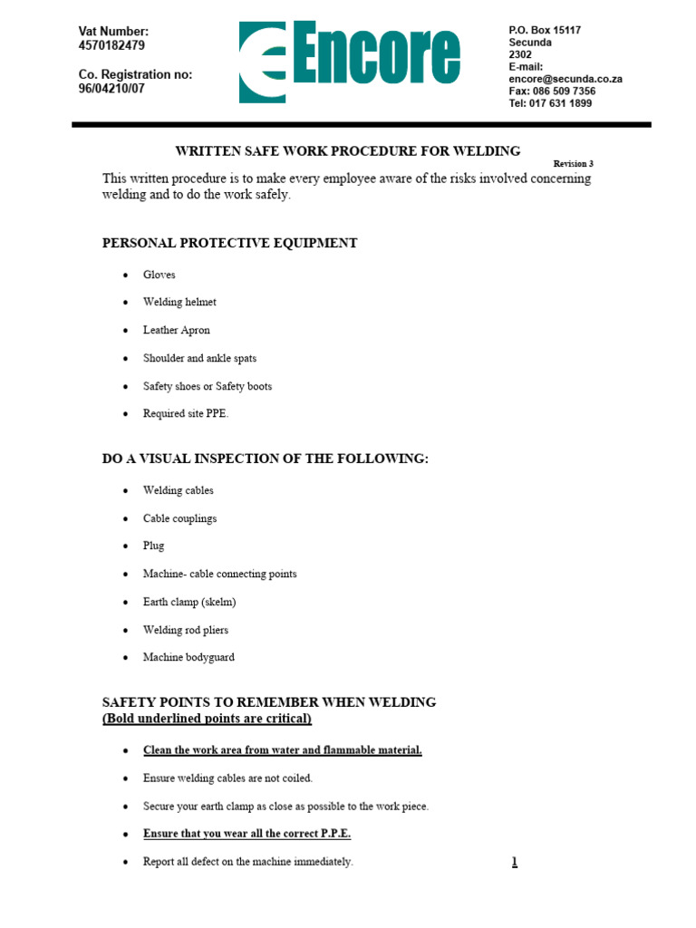 Welding Safety Procedure for Encore | PDF | Welding | Construction