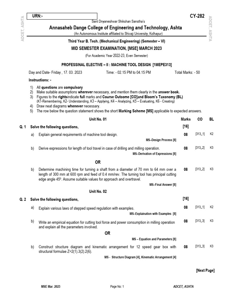 1MEPE313 Machine Tool Design - pdf-1 | PDF | Mechanical Engineering