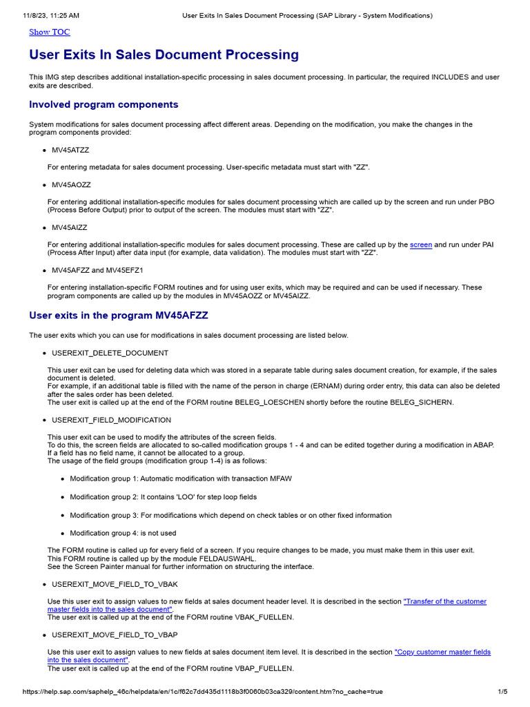User Exits in Sales Document Processing (SAP Library - System Modifications) | PDF | Computing ...