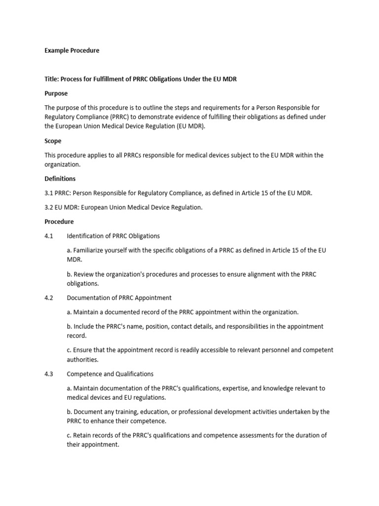 Process For Fulfillment of PRRC Obligations Under EU MDR | PDF ...