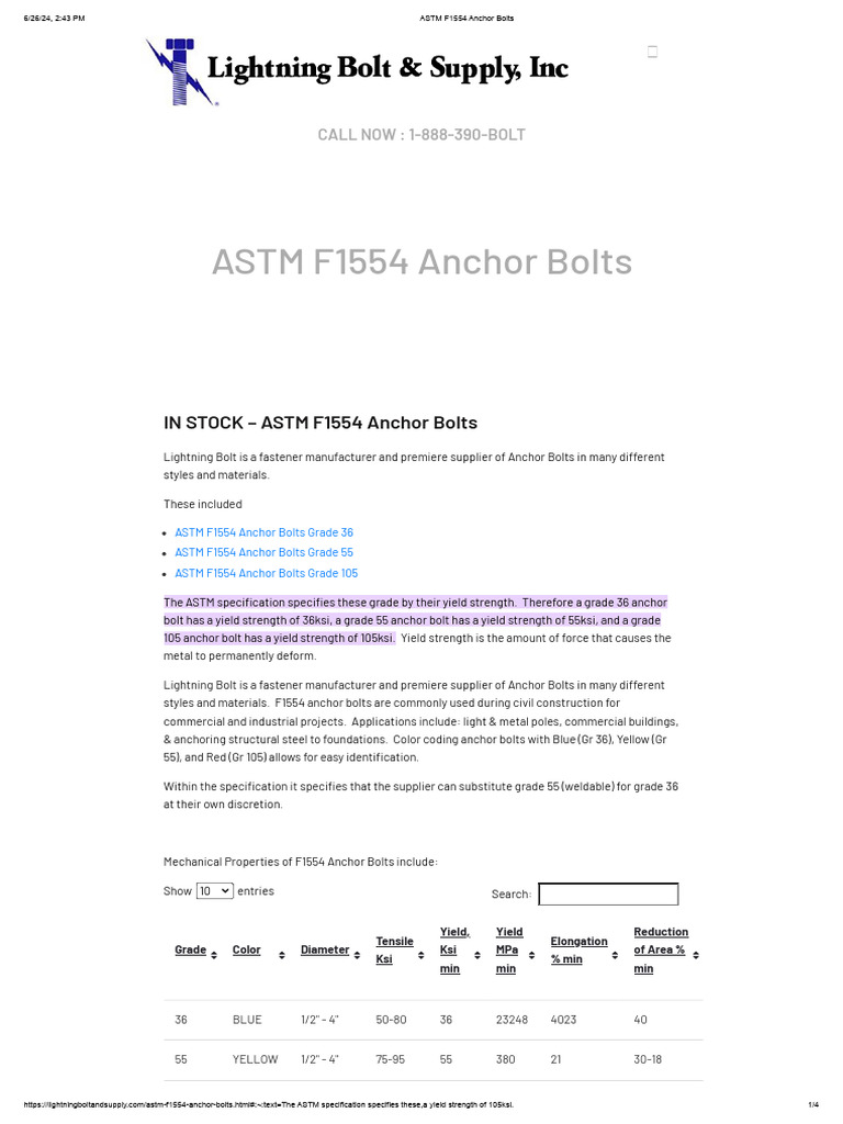 ASTM F1554 Anchor Bolts | PDF | Screw | Strength Of Materials