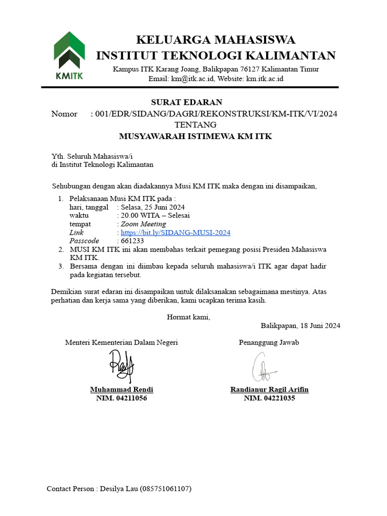 Surat Edaran_MUSI KM ITK 2024 | PDF